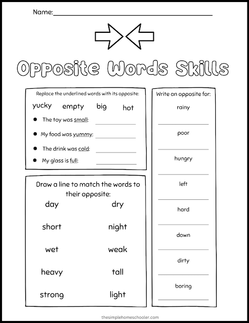 Opposite Words Worksheets For Kindergarten