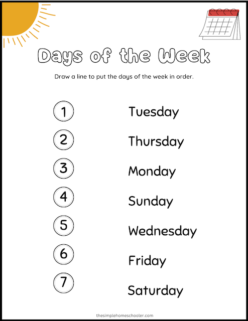 Free Days of the Week Worksheets for Kindergarten - The Simple Homeschooler